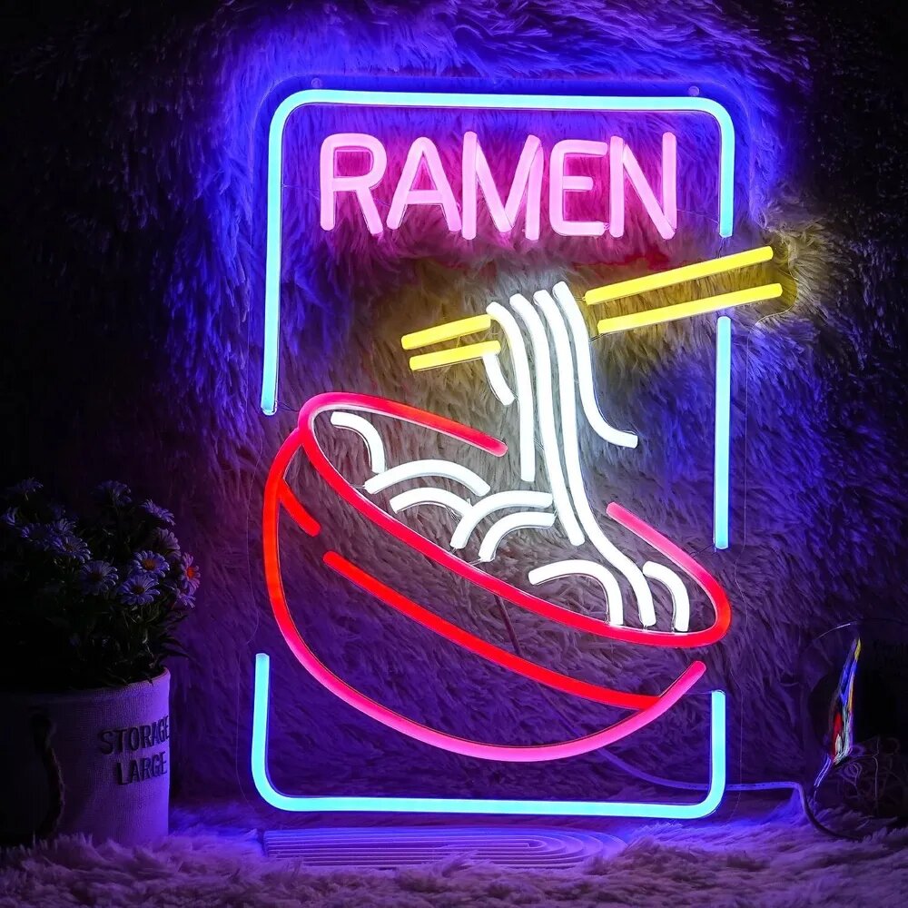 Неоновая вывеска "Ramen" Разноцветная лапша Декор для рамен-баров, ресторанов USB-питание 42х31CM