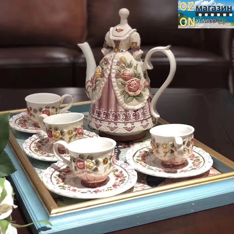 Сервиз кофейный, из керамики, белый, салатовый и светло-розовый, для чая и кофе — фото 1