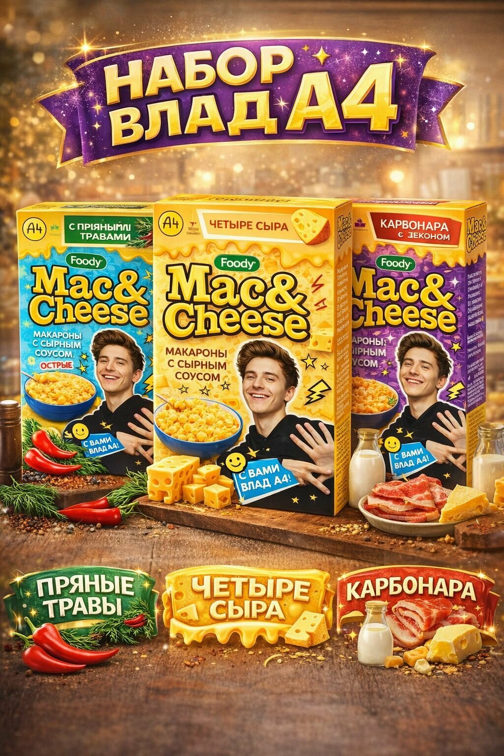 Набор 3 вкуса макарон Влад А4 Mac&Cheese по 143 гр