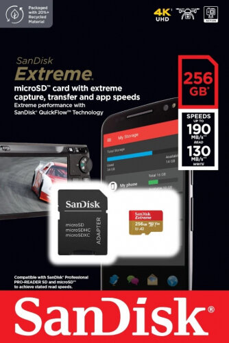 Карта памяти Sandisk microSDXC 256Gb Extreme UHS-I U3 V30 A2 (190/130 MB/s) + ADP