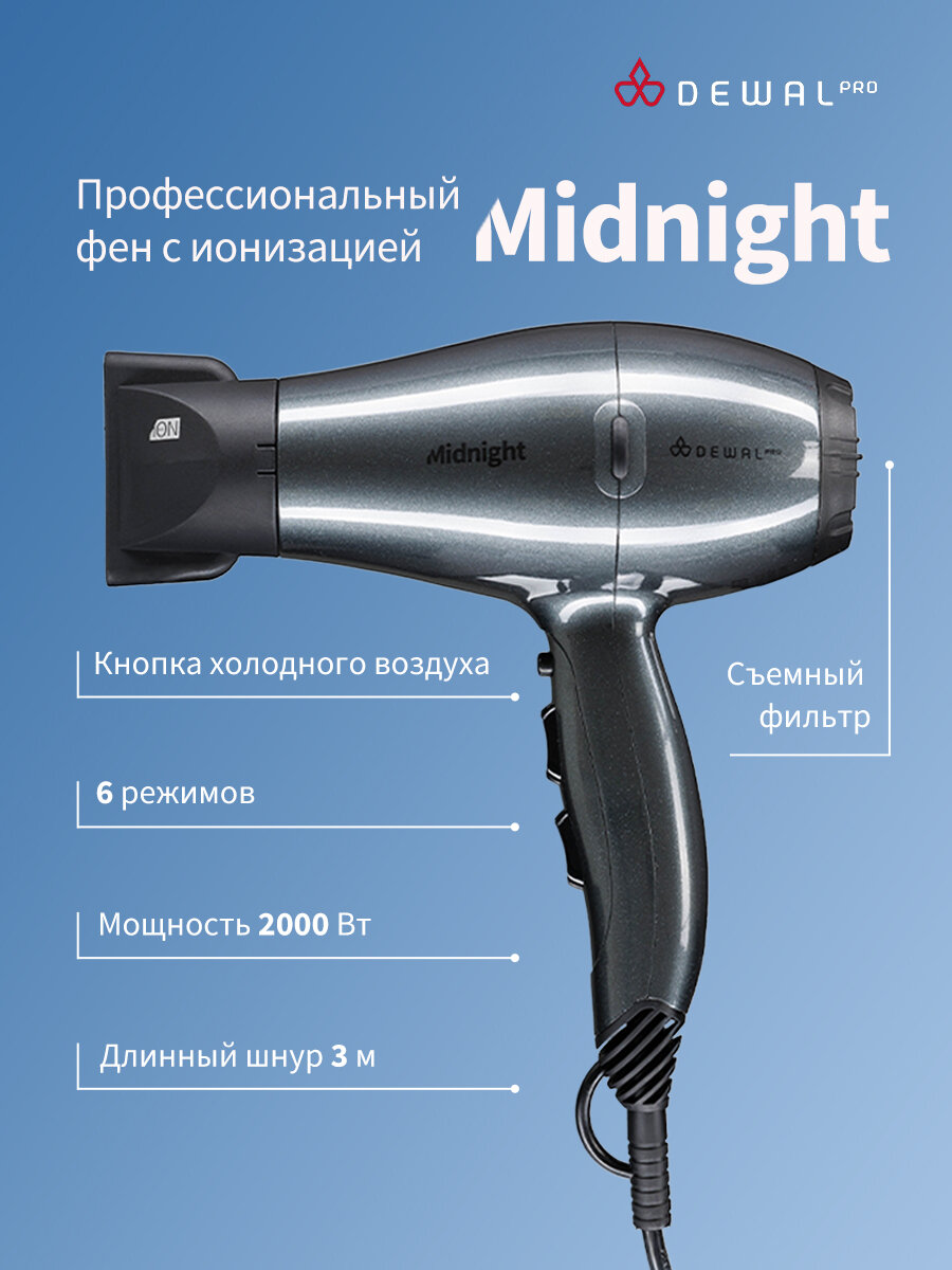 Фен для волос профессиональный 2000Вт DEWAL PRO MIDNIGHT 03-107 Grey (серый)
