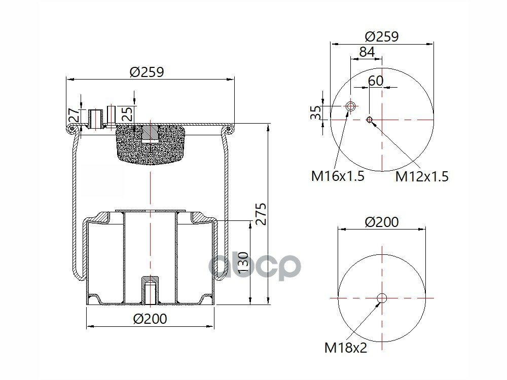 Пневморессора в сборе со стаканом штуц. M16x1,5/шп. M12x1,5/ стак. отв. M18x2 MAN TGA SONDER арт. 090030017