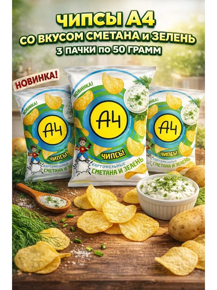 Чипсы Lava Lava А4, картофель, вкус "сметана и зелень", набор 3шт по 50 гр