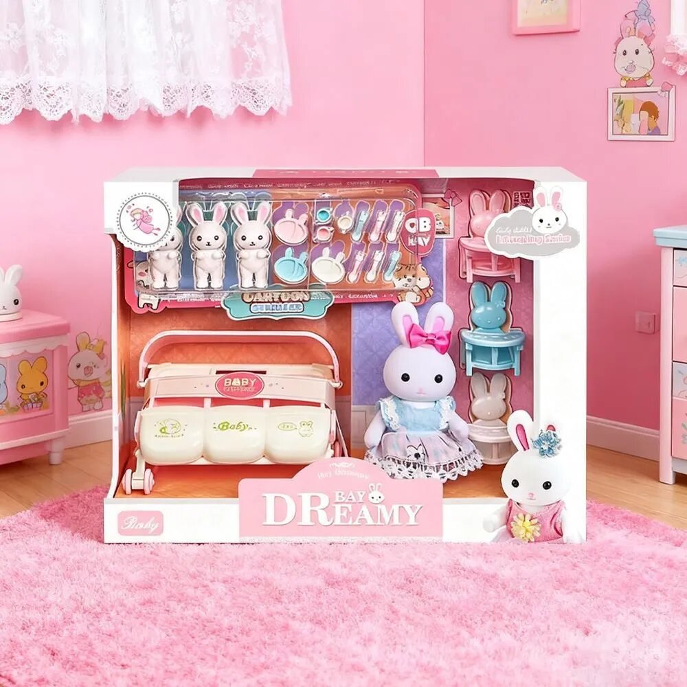 Игровой набор фигурок животных Семья зайчиков, 4 фигурки, игрушечная коляска
