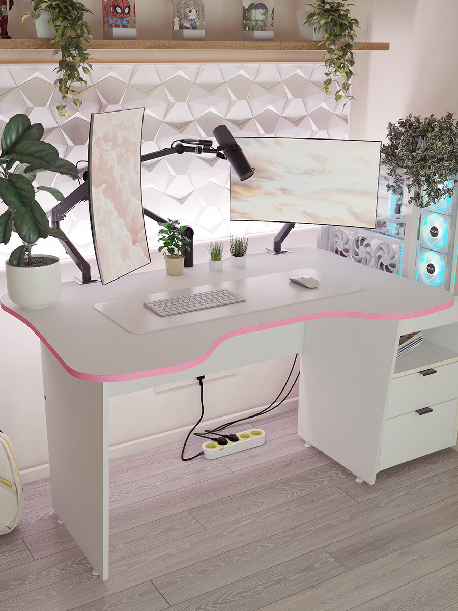 Компьютерный письменный стол, для школьника, для геймеров, Бело-розовый