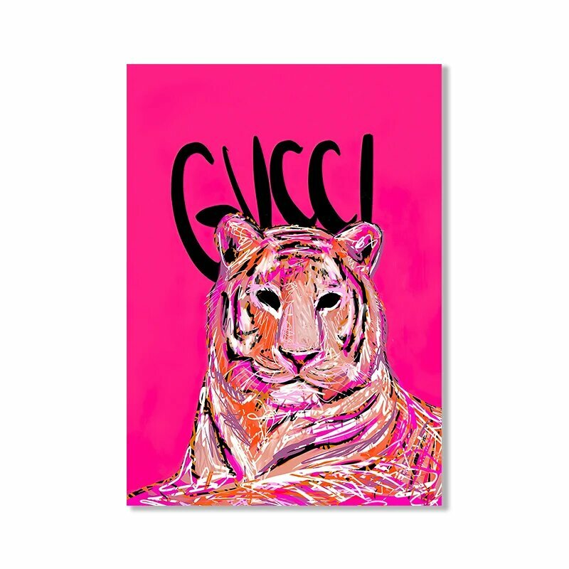 Розовый постер "Тигр Gucci" на холсте A5 15x21 см, CPB23078