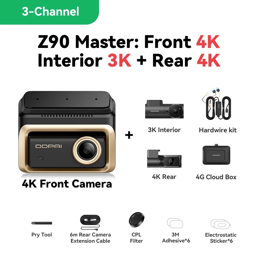 DDPAI Z90 Master 4K+3K+4K 3-Channel Автомобильная видеорегистратор