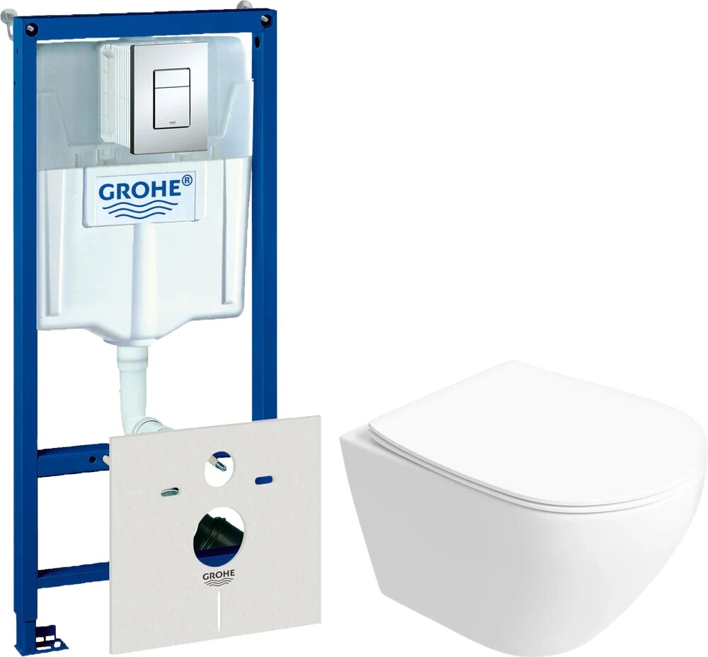 Комплект 5 в 1 Унитаз подвесной STWORKI Кронборг S28401WH, безободковый, с микролифтом, белый / Инсталляция с кнопкой Grohe Rapid SL 38775001 цвет хром / Комплект шумоизоляции
