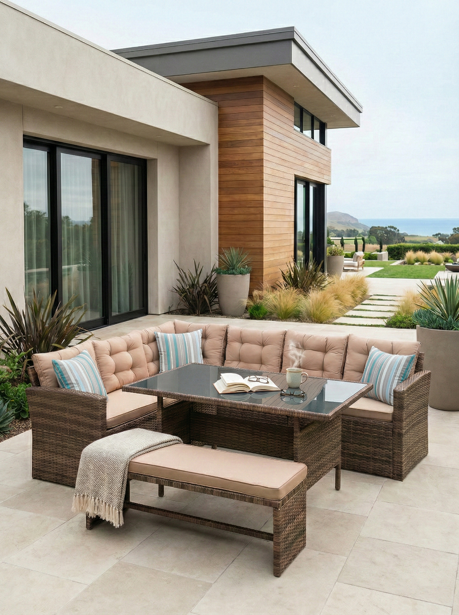 Угловой комплект для обеда и отдыха из искусственного ротанга Римини-7 (Rimini-7), капучино