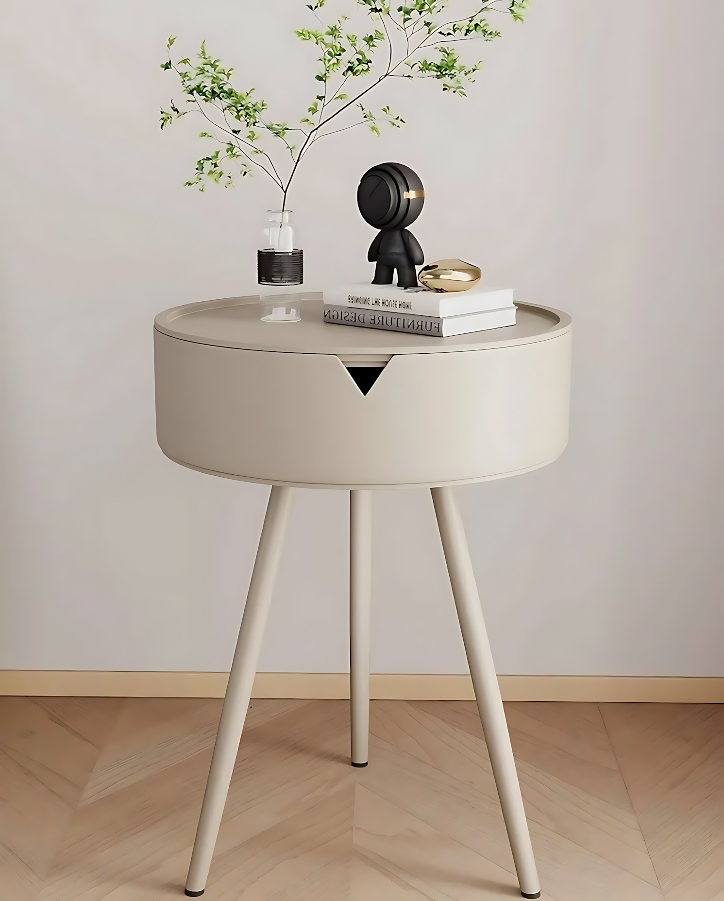 Столик прикроватный/ Стол круглый/ Столик с отсеком для вещей/ Столик бежевый/ Столик интерьерный дизайнерский