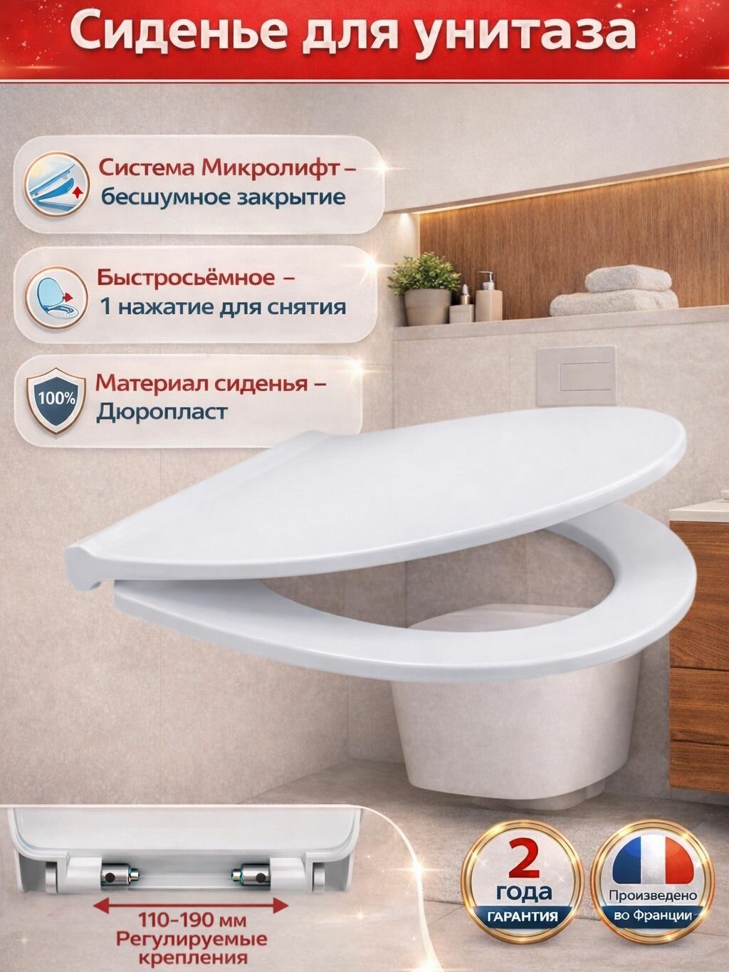 Сиденье для унитаза с крышкой Wirquin Slim дюропласт микролифт быстросъём крепления металл