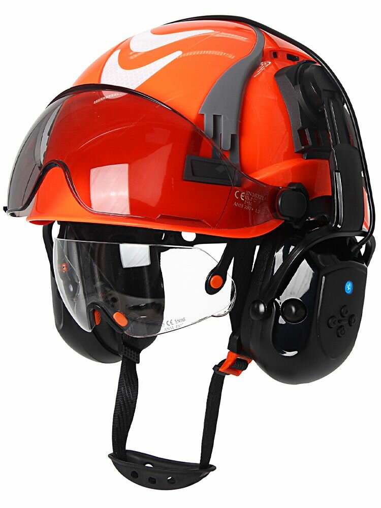 Строительная каска (защитный шлем) с Bluetooth-наушниками, регулируемыми двойными очками и светоотражающими наклейками (полосами