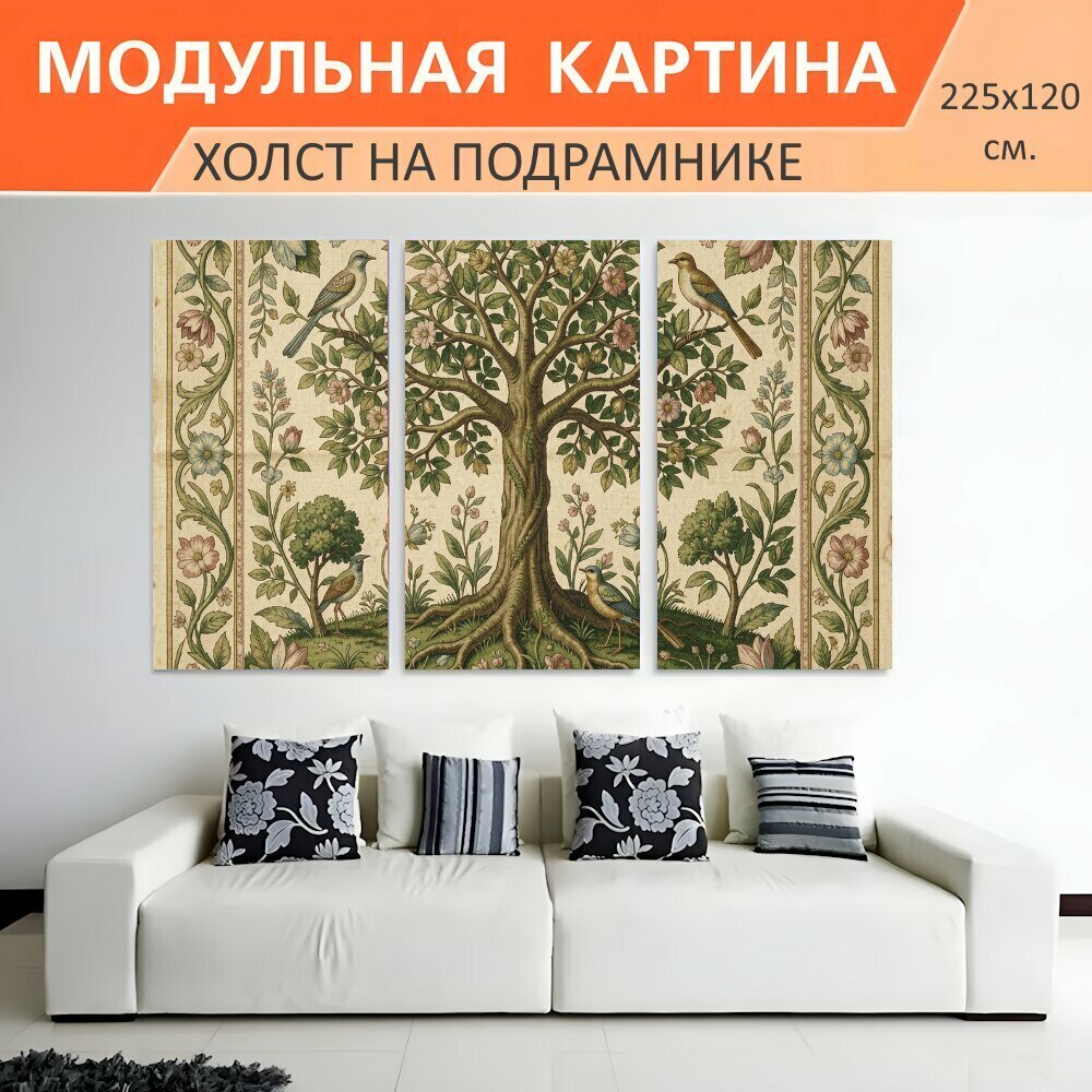 Модульная картина на холсте "Дерево с птицами и цветами. Ретро-иллюстрация с раскидистым древом, поющим пернатым, полевыми бутонами и." триптих на подрамнике 225х120 см. для интерьера