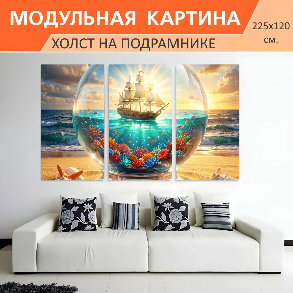 Модульная картина на холсте "Парусник в стеклянной сфере у моря. Фантазийная морская композиция: старинный корабль под парусами в." триптих на подрамнике 225х120 см. для интерьера