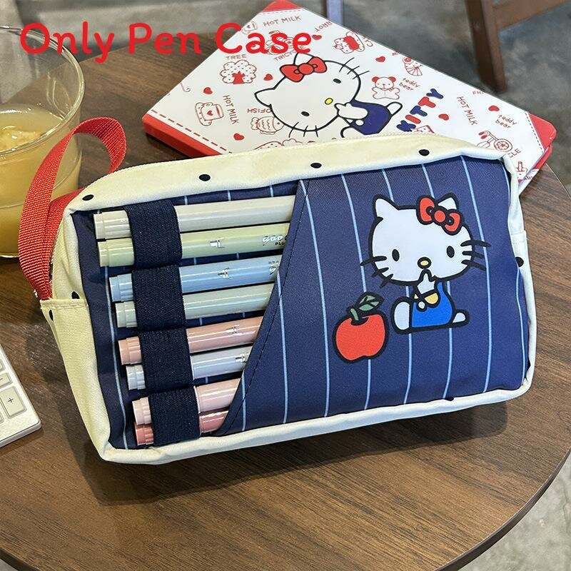 Blue white line cat pen holder with large capacity and travelfriendly oxford fabric for girls