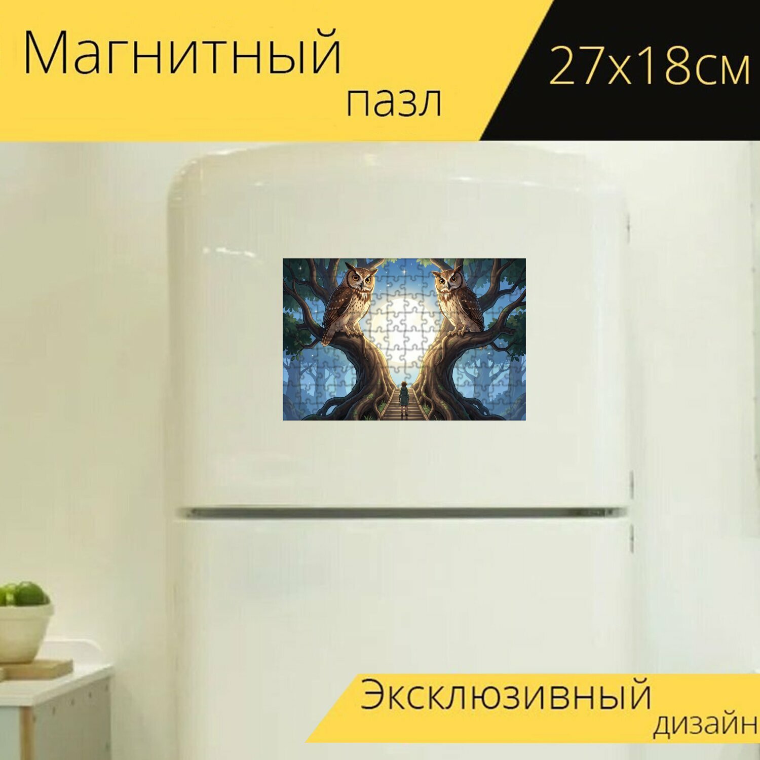 Магнитный пазл "Совы у лунного дерева. Сказочная ночная сцена: две совы на ветвях древнего леса, яркая луна в центре, каменная лестница к свету, синие и." на холодильник 27 x 18 см.