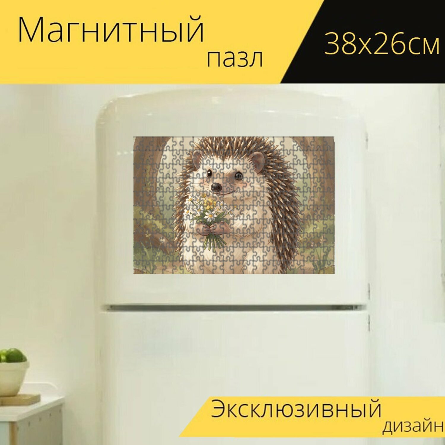 Магнитный пазл "Ежик с букетом ромашек. Милый лесной зверек в мягкой акварельной иллюстрации держит полевые цветы, вокруг теплые зеленые оттенки, туманное." для интерьера, 38х26 см.
