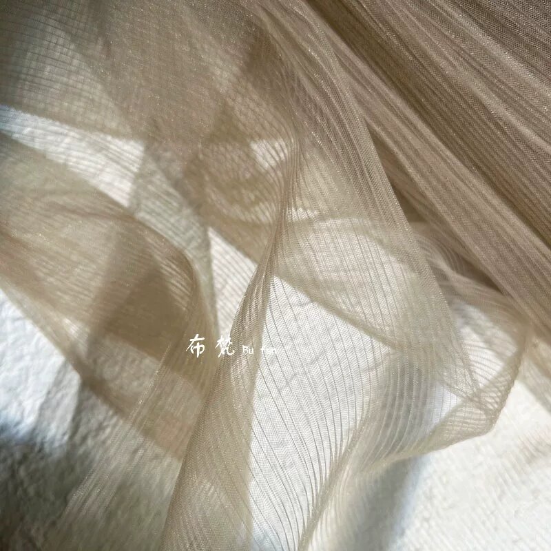 Белая плиссированная тюлевая ткань, жатая дизайнерская ткань, эластичное кружево, модная прозрачная ткань с тонкими