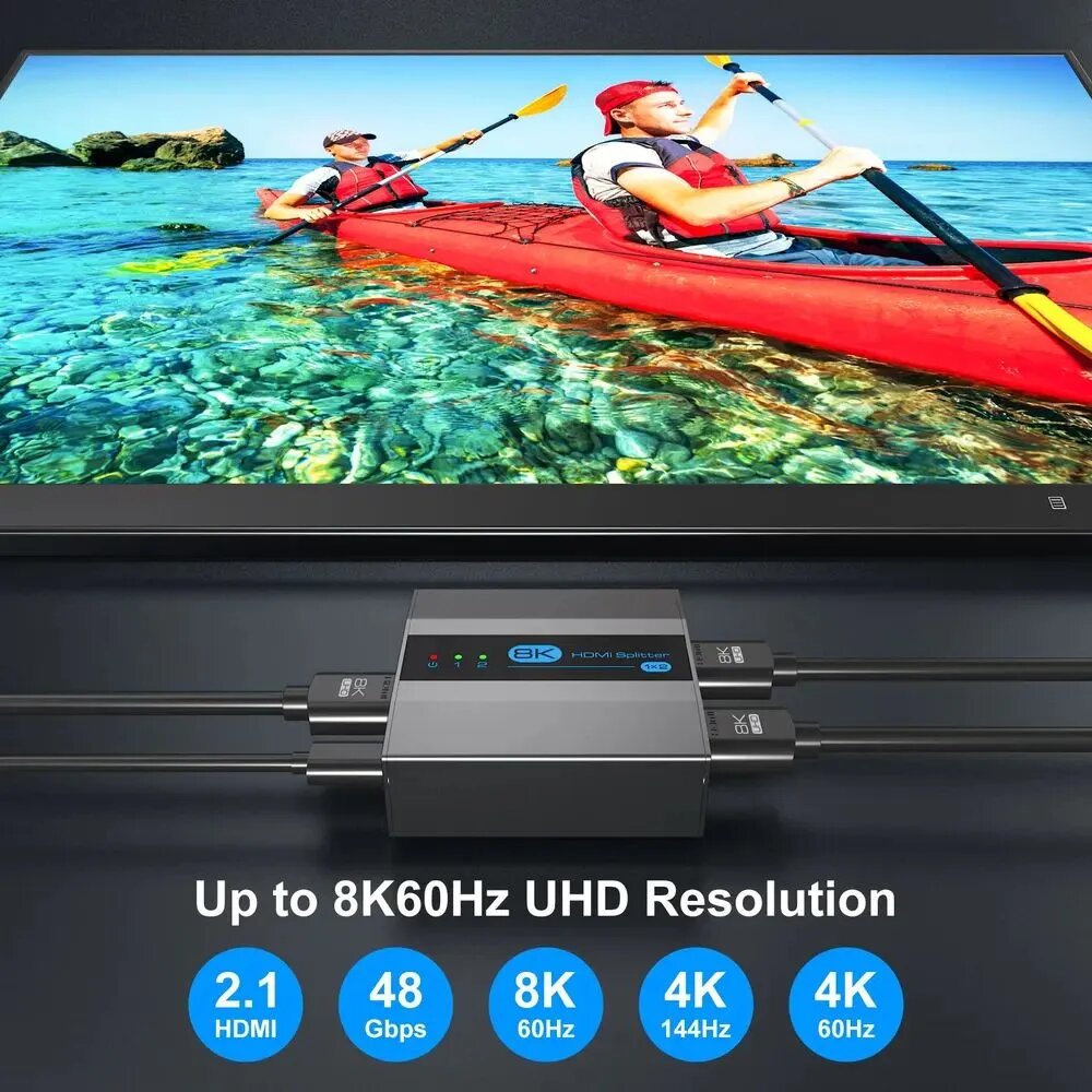 CMSTEDCD HDMI-разветвитель 1-в-2-выхода 8K UHD, черный матовый, для двух дисплеев — фото 1