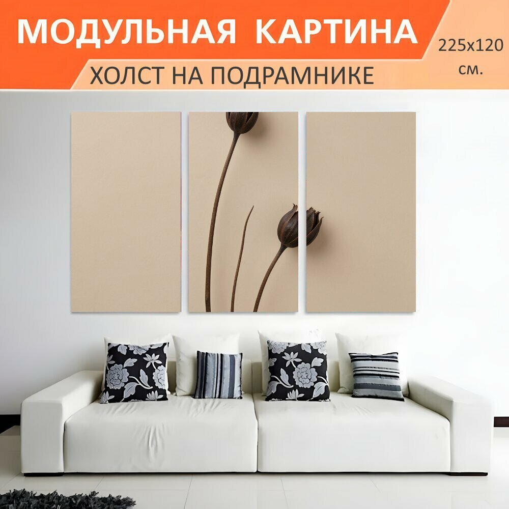 Модульная картина на холсте "Минималистичные сухие бутоны. Лаконичная ботаническая композиция с двумя тёмными засохшими соцветиями на." триптих на подрамнике 225х120 см. для интерьера