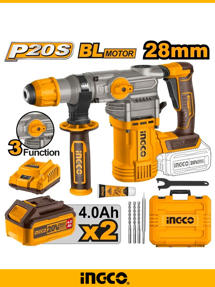Аккумуляторный перфоратор BL 20В, 4,5Дж 2хАКБ 4Ач и ЗУ SUPER INGCO CRHLI202882 INDUSTRIAL