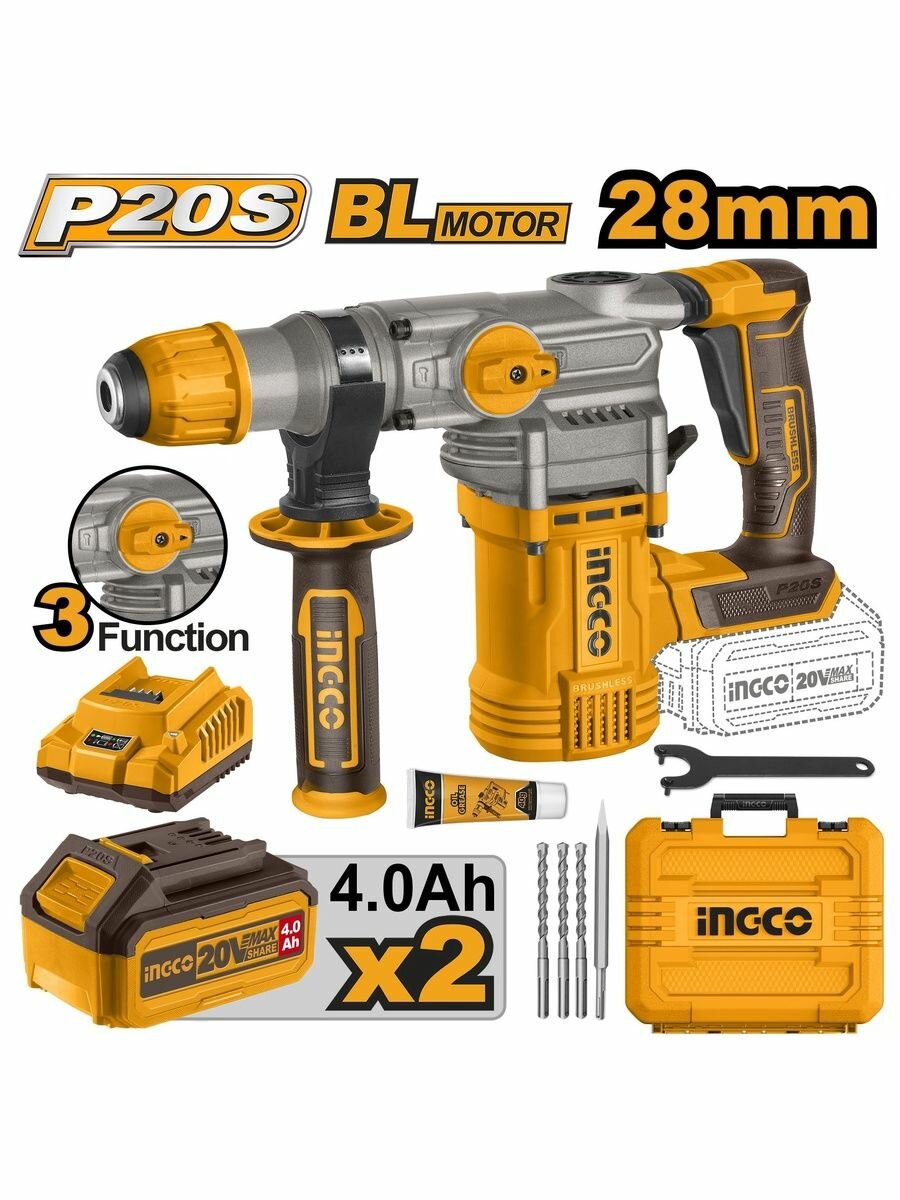 Аккумуляторный перфоратор б/щ 20В INGCO CRHLI202882 INDUSTRIAL 4,5дж