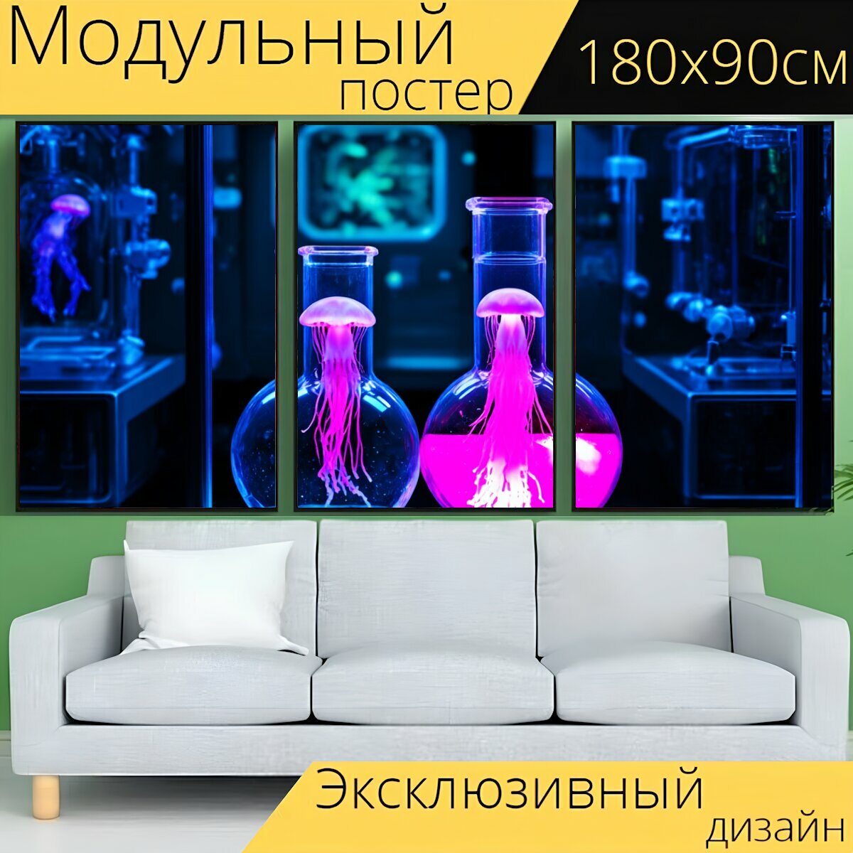 Модульный постер "В футуристической лаборатории находятся стеклянные колбы с биолюминесцентными медузами, светящимися яркими розовыми." 180 x 90 см. для интерьера на стену в тубусе