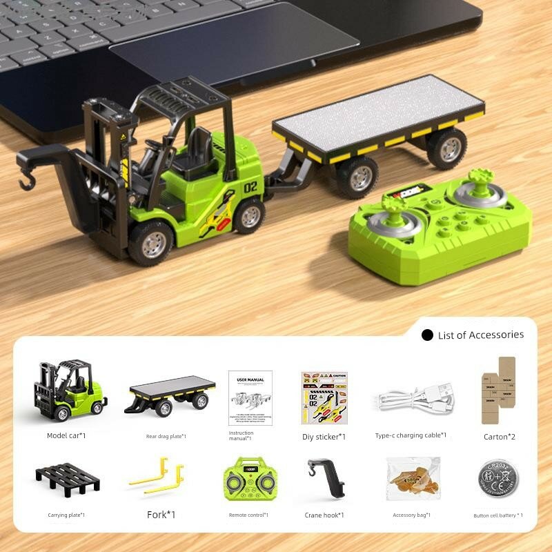 Модель мини-погрузчика 1:64 с Bluetooth, алюминиевый, дистанционное управление, прицеп, зеленый цвет