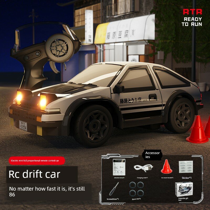 AE86 Настольная радиоуправляемая машинка RC дрифт 1:64 масштаб с USB зарядкой, светодиодными огнями и аксессуарами