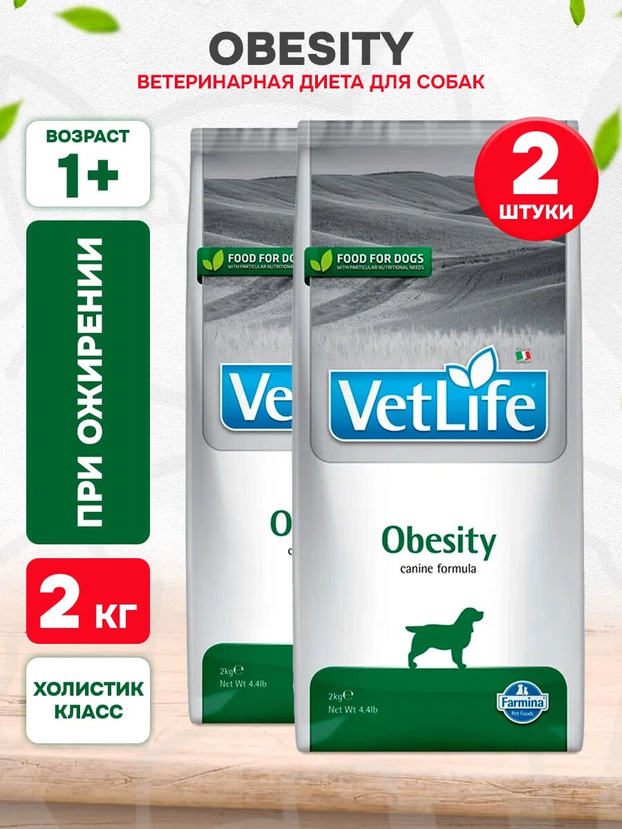 Корм сухой Farmina Vet Life Canin Obesity для взрослых собак при ожирении, 2 кг 2 шт