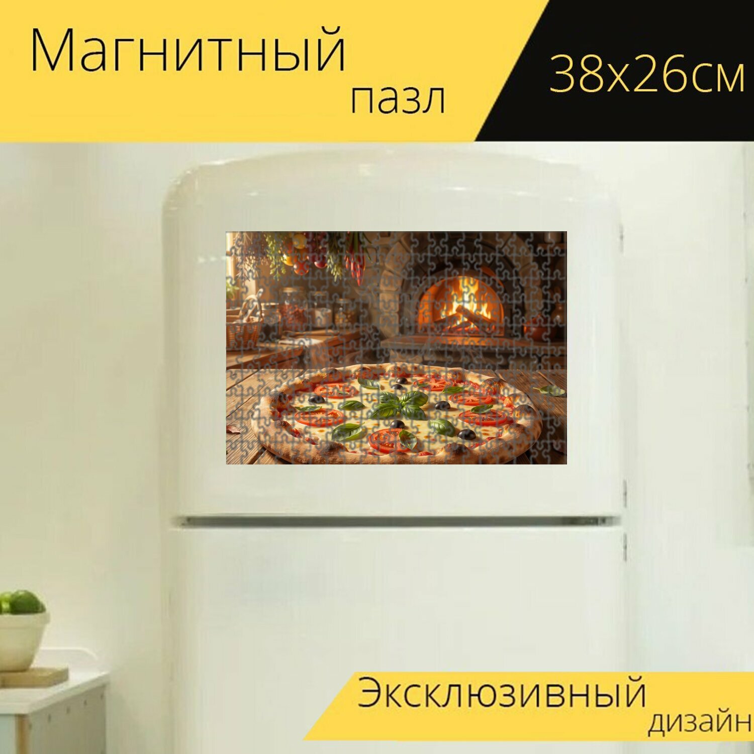 Магнитный пазл "Пицца у каменной печи. Ароматная итальянская выпечка с сыром, томатами, оливками и базиликом на деревянном столе у горящего очага. Тёплая." для интерьера, 38х26 см.
