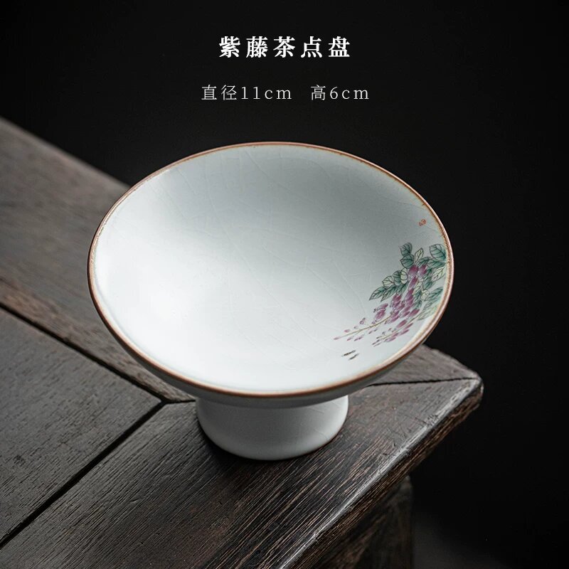 Винтажная керамическая тарелка с высокой ножкой и узором вистерии для подачи закусок, фруктов и десертов - традиционный