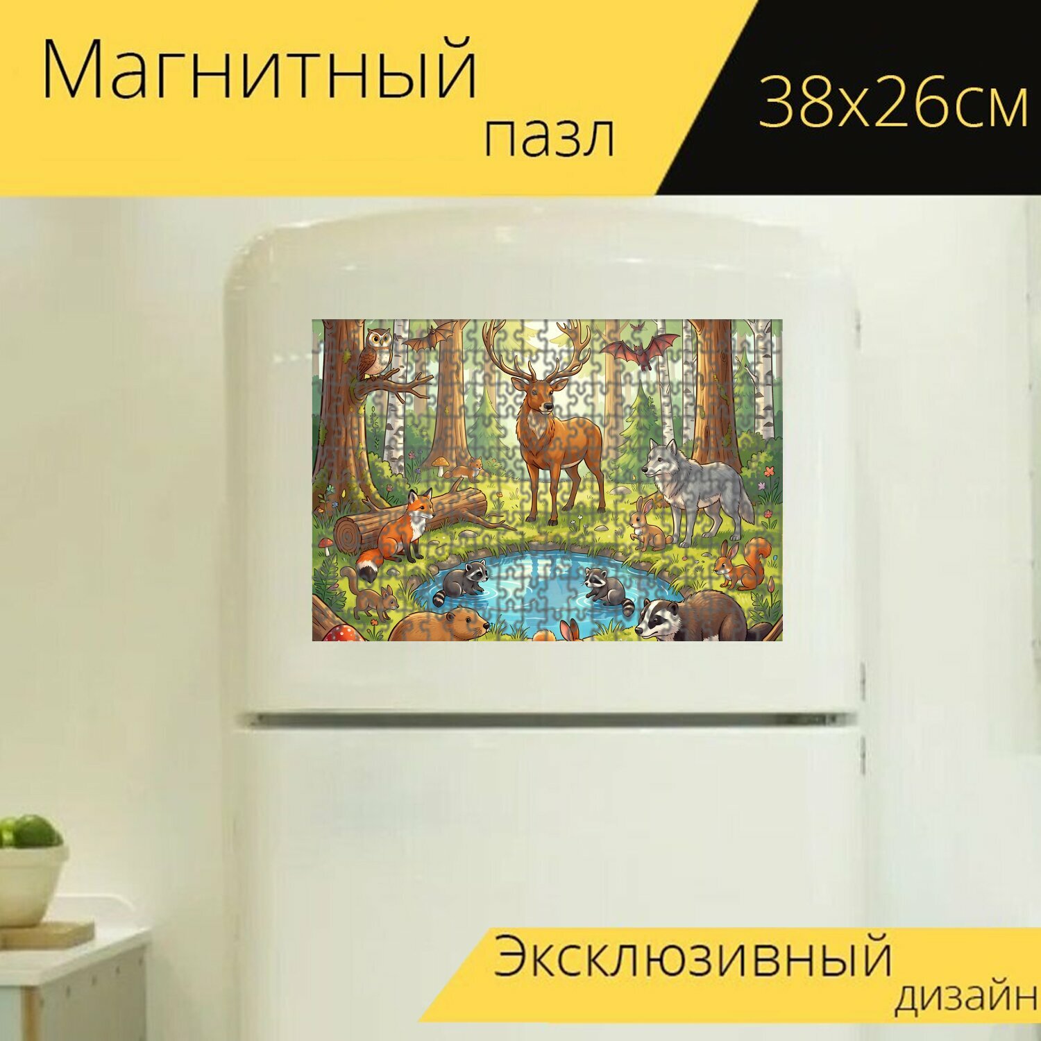 Магнитный пазл "Лесные животные у пруда. Сказочная иллюстрация с оленем, волком, лисой, зайцами, енотами и бобром у синего лесного водоёма. Яркие зелёные." для интерьера, 38х26 см.