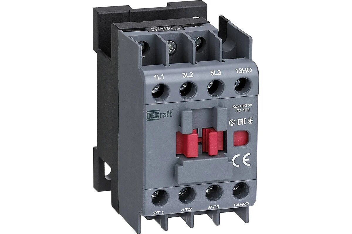 Контактор Dekraft КМ102‑009А‑400‑01 AC‑3 AC‑4 3‑полюсный, 9 А, 690 В, IP20, силовой, монтажная плата, частота срабатывания до 1200 циклов/ч.