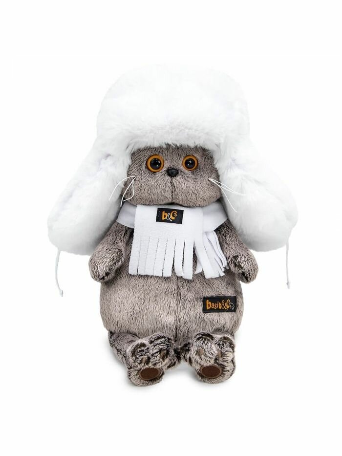 Мягкая игрушка Basik&Co "Кот Басик в белой меховой шапке", высота 22 см, нежный