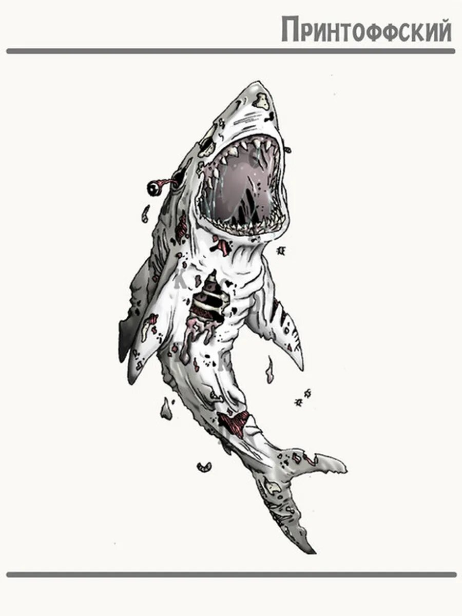 Термонаклейка для одежды и аксессуаров DTF-печать Зомби Акула Shark Тату