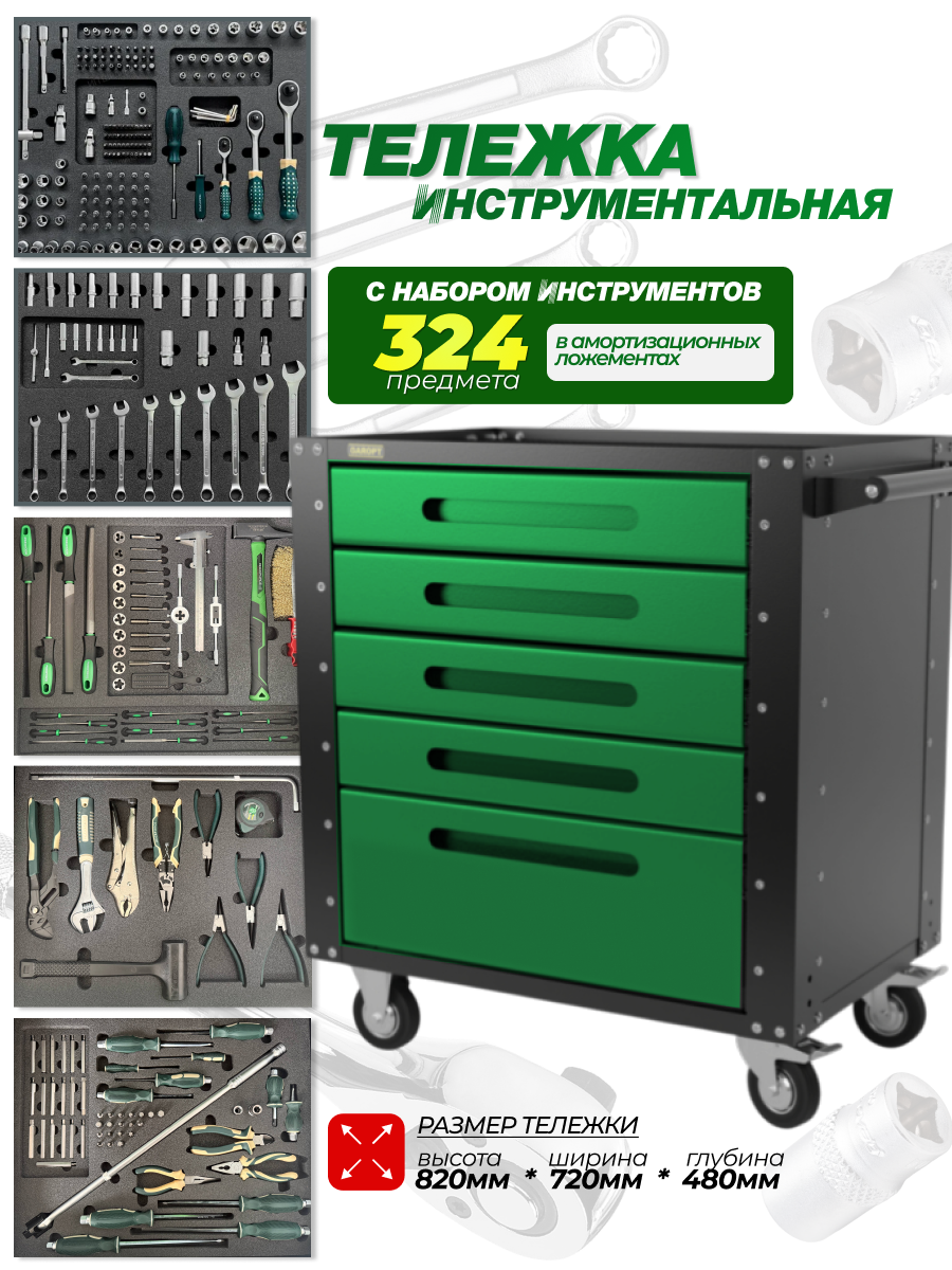 Тележка с комплектом профессионального инструмента Rock Force 324 предмета в ложементах
