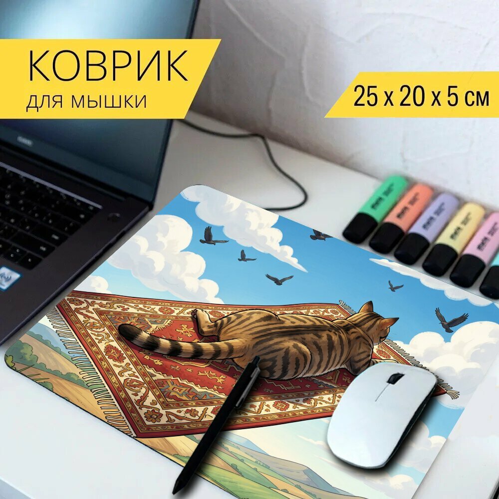 Коврик для мыши с принтом "Полосатый кот на летающем ковре. Сказочная иллюстрация с домашним питомцем, парящим в небе над холмами и полями. Голубые облака, птицы, восточный." 25x20см.