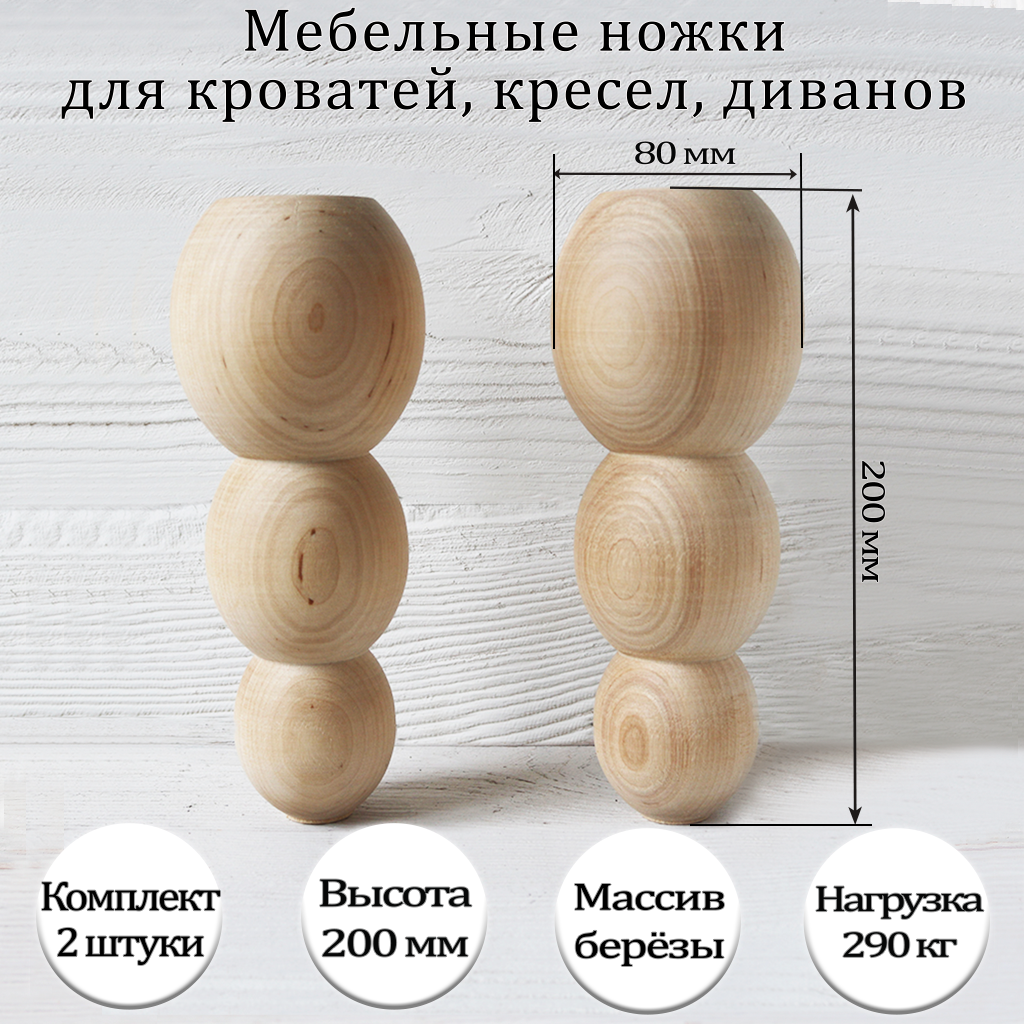 Деревянные мебельные ножки для дивана, кровати, шкафа, кресла / высота 200 мм / комплект 2 штуки