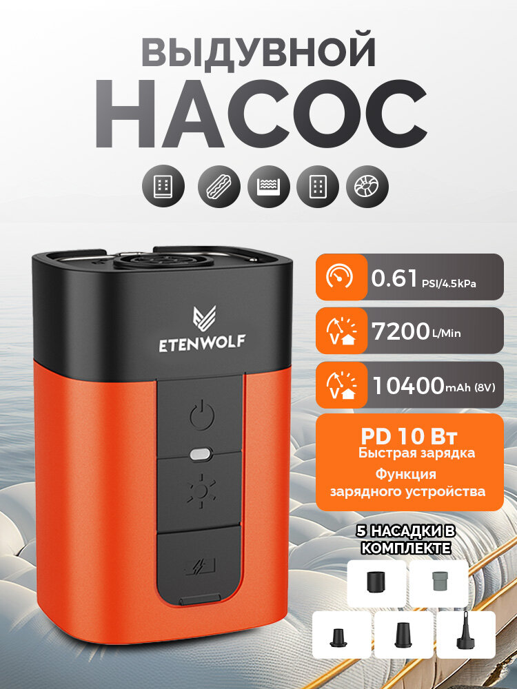 Электрический воздушный насос ETENWOLF AIR 5 PRO,720 л/мин 4X Quick 10400 мАч