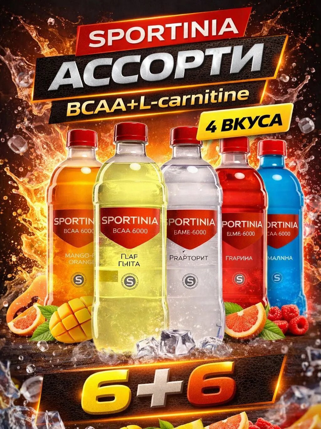 Спортивный напиток Sportinia Ассорти BCAA+ L- Carnitin 0,5л./12 бут.