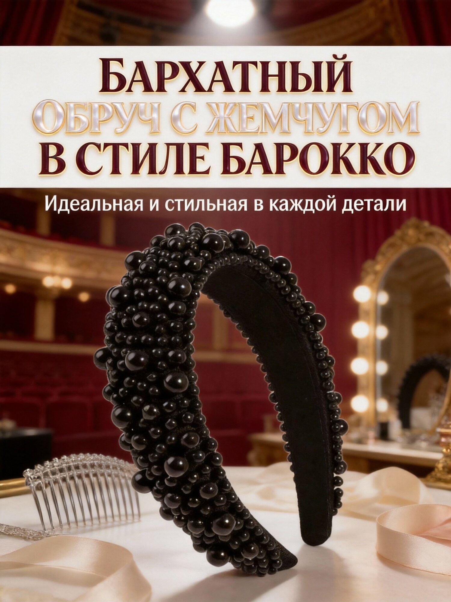 Ободок из губки с жемчужным декором в стиле барокко, регулируемый мягкий аксессуар для вечеринок и повседневной носки, черный