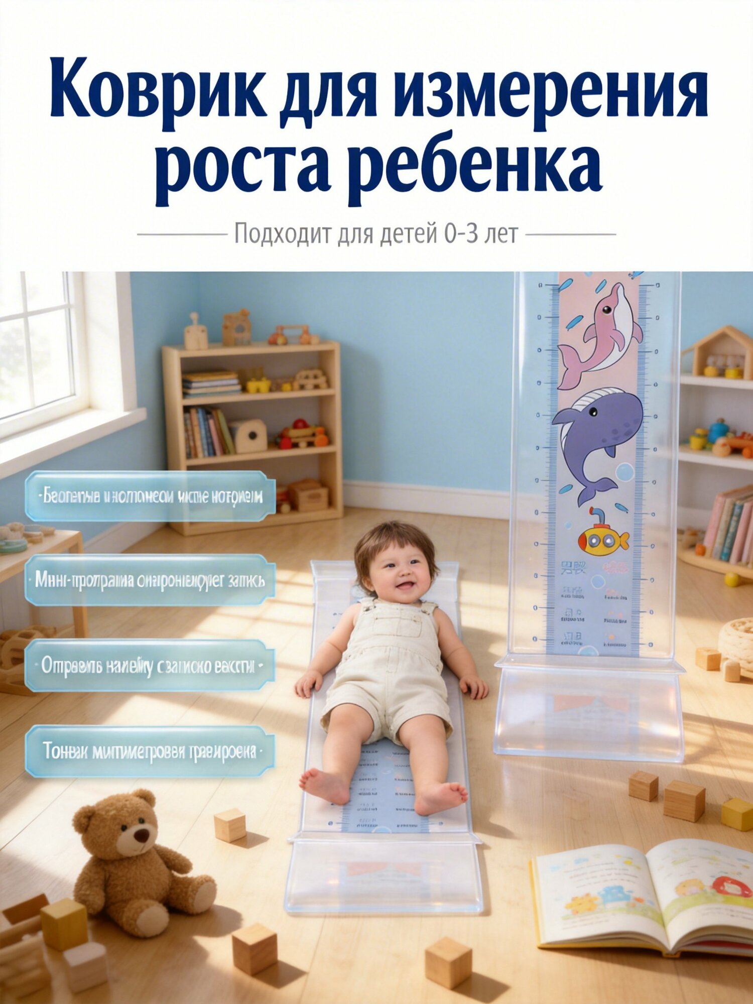 Ростомер спорт 23 х 100 см, для контроля роста новорожденных и детей 0-3 лет с точной шкалой из ABS PVC, компактный и удобный для хранения