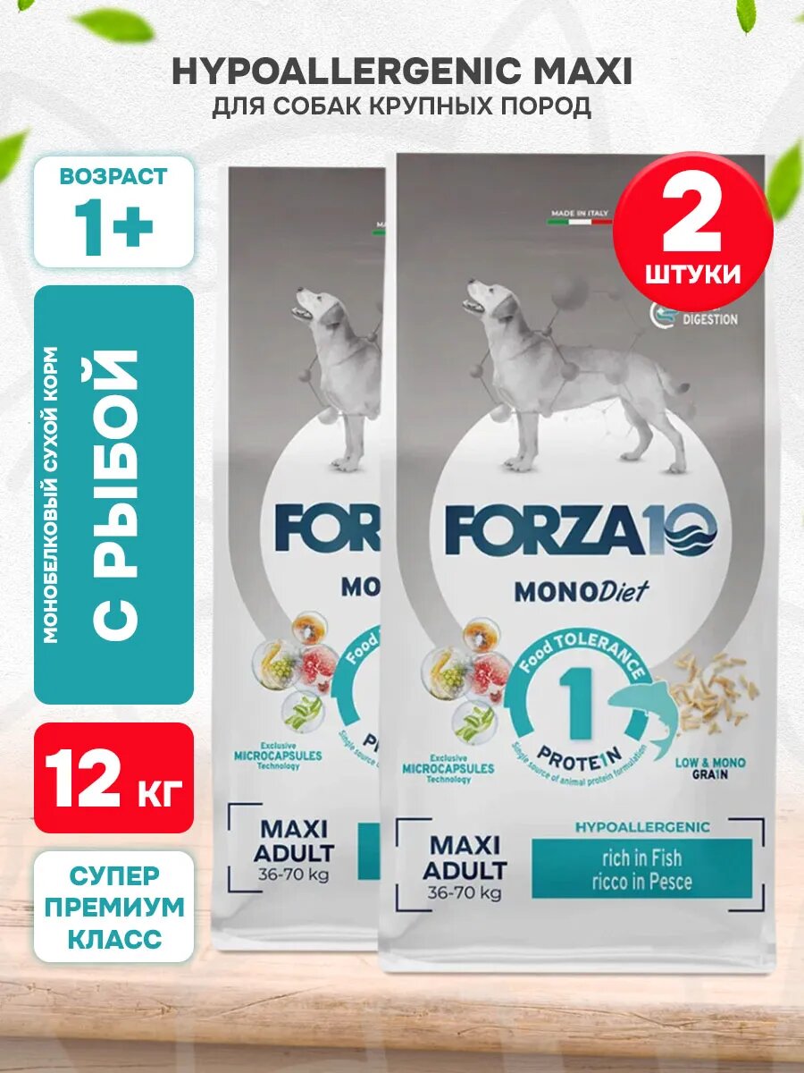 Корм сухой Forza10 Dog Maxi Monodiet Low Grain для взрослых собак крупных пород при аллергии с рыбой, 12 кг х 2 шт