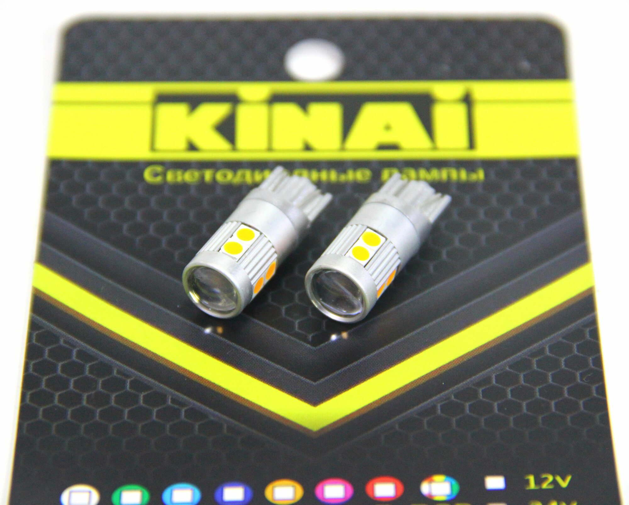 Светодиодная лампа WY5W (Т10) 9 smd 3030 с линзой, Оранжевый свет, Kinai, 2 шт