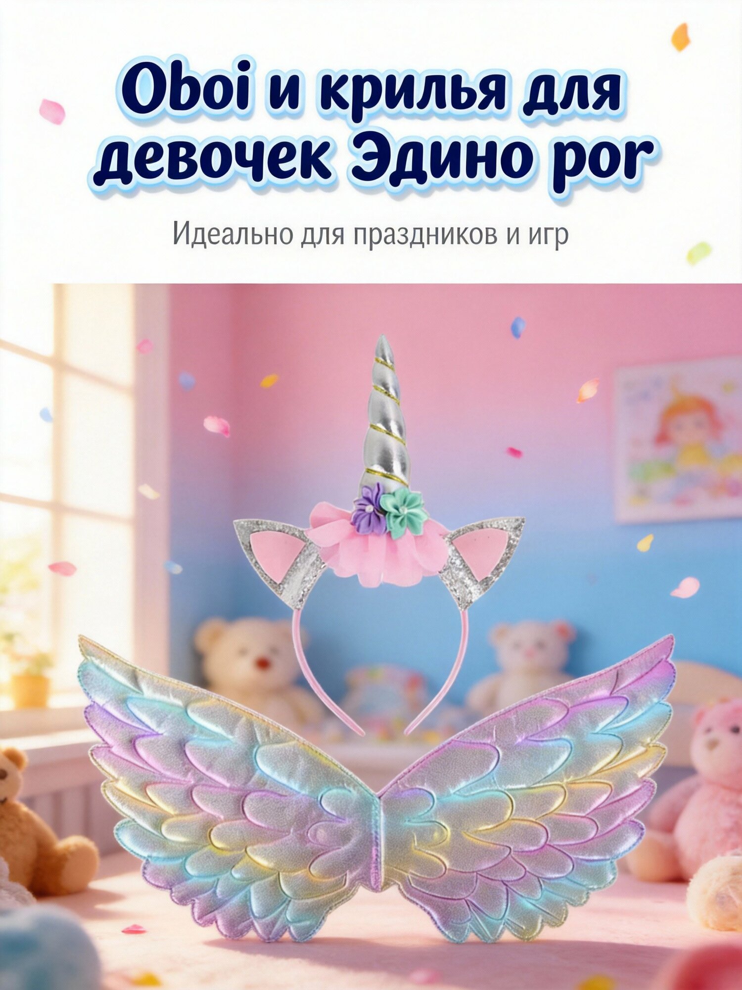 Ободок единорог и крылья для девочек, комплект с блестящим дизайном для праздника, фотосессии и выступлений, универсальный размер