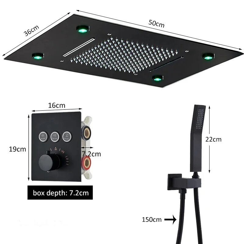 Душевой Голова для Потолка с LED-Освещением 36*50см Большой Дождевой Кран Душевой Кран В ванне Из Нержавеющей Стали Умный Квадратный Спрейер