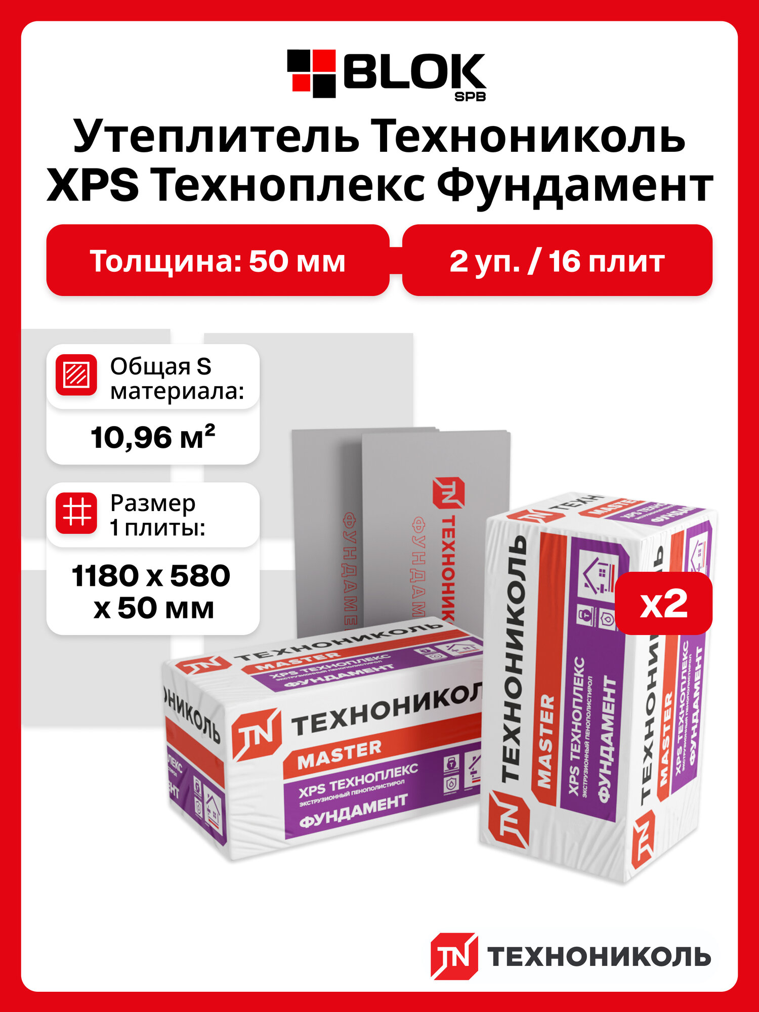 Технониколь XPS техноплекс фундамент 50 мм (2уп. /10,95м2/16 плит) утеплитель из пенополистирола для пола, стен