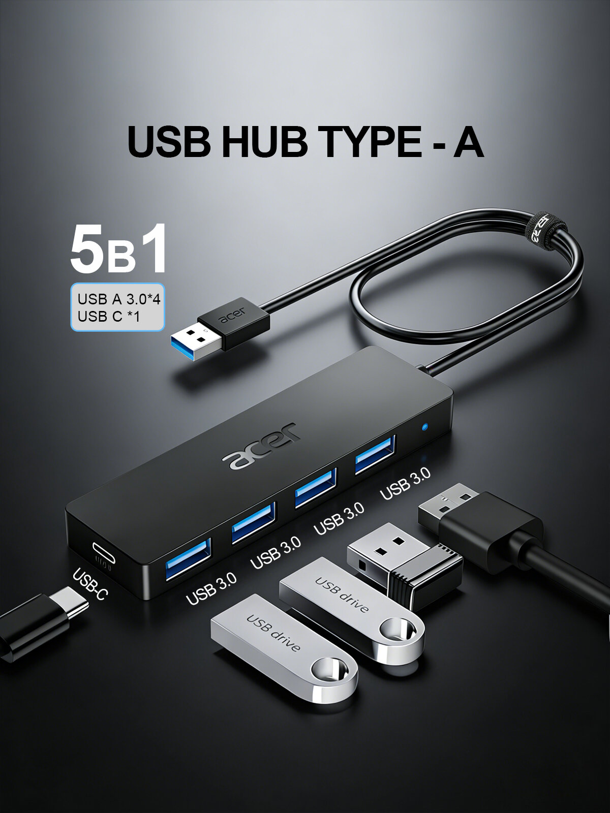 Acer USB Hub / USB концентратор USB 3.0 / USB-ХАБ USB разветвитель для периферийных устройств / Type C / Type A