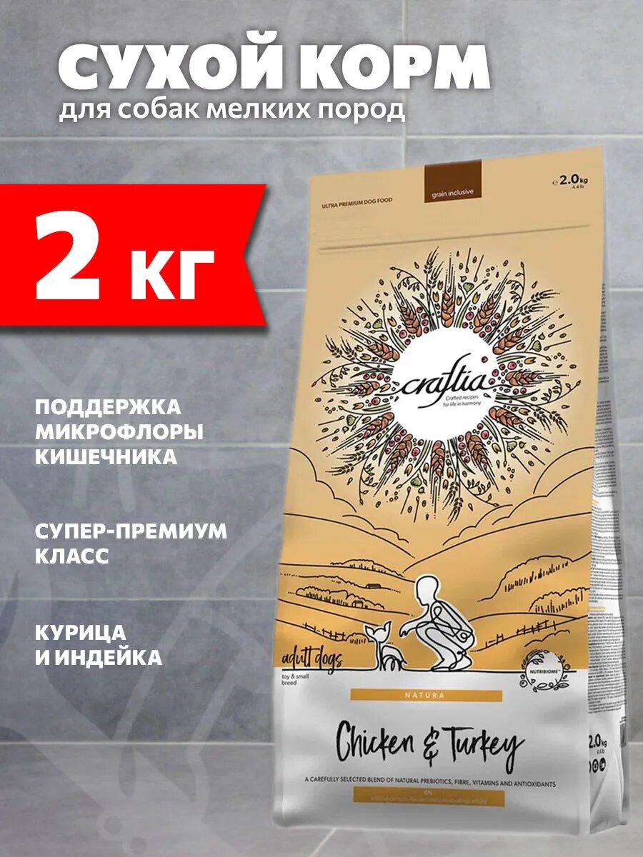 Корм сухой Craftia Natura Adult Dog Toy&Small Breed Chicken&Turkey мелких собак с курицей и индейкой, 2 кг